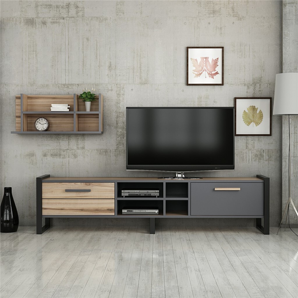 Leno TV Cabinet - Floating Shelve - Finished In Anthracite Grey Oak